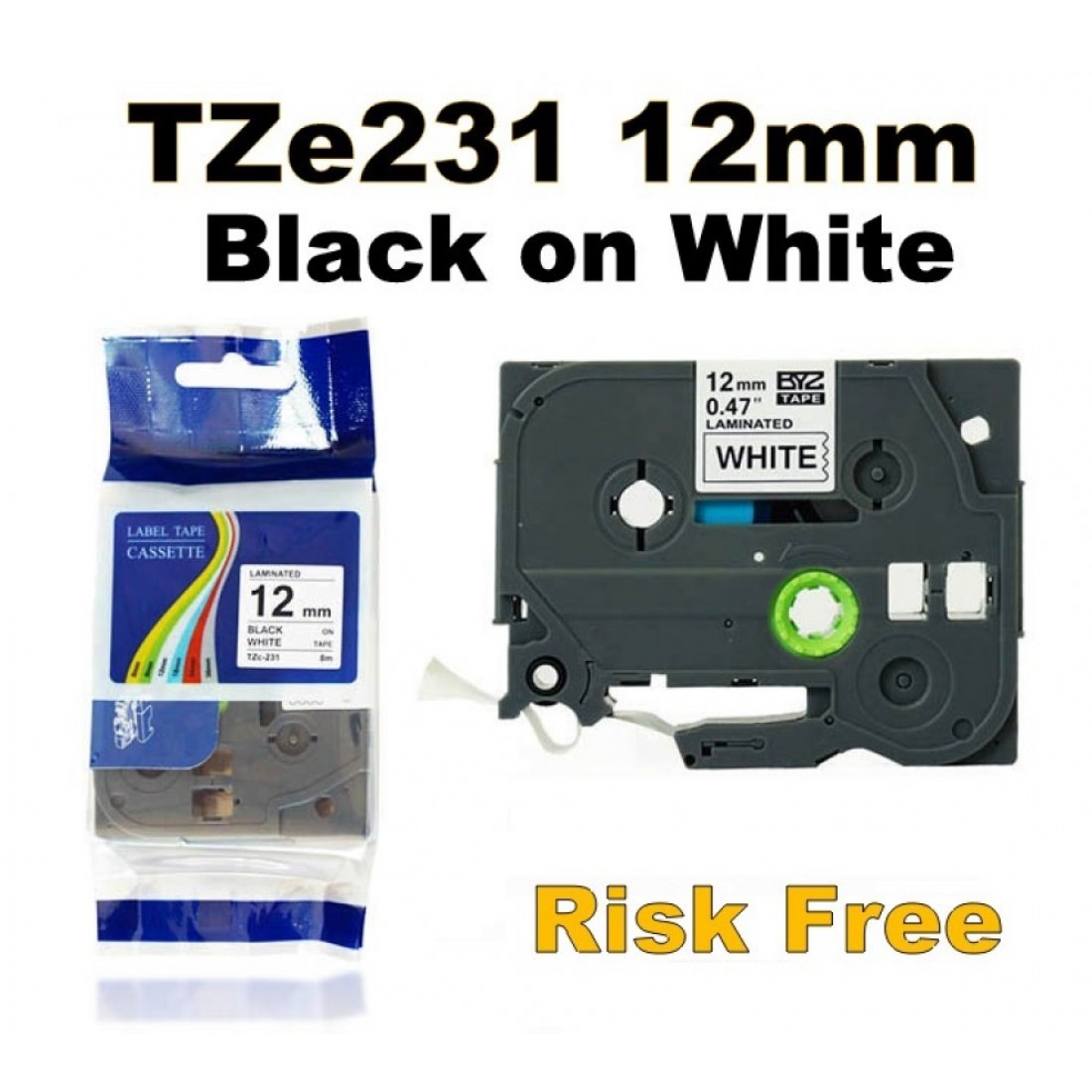 TZe231 Brother 12mm Black Text On White Tape - 8 metres Tonerink Brand